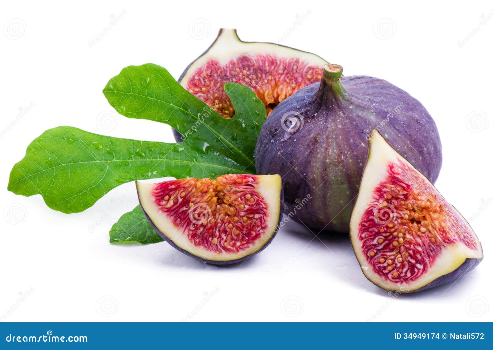 Ripe, Beautiful Fig with Water Drops and Green Leaf Stock Photo - Image ...