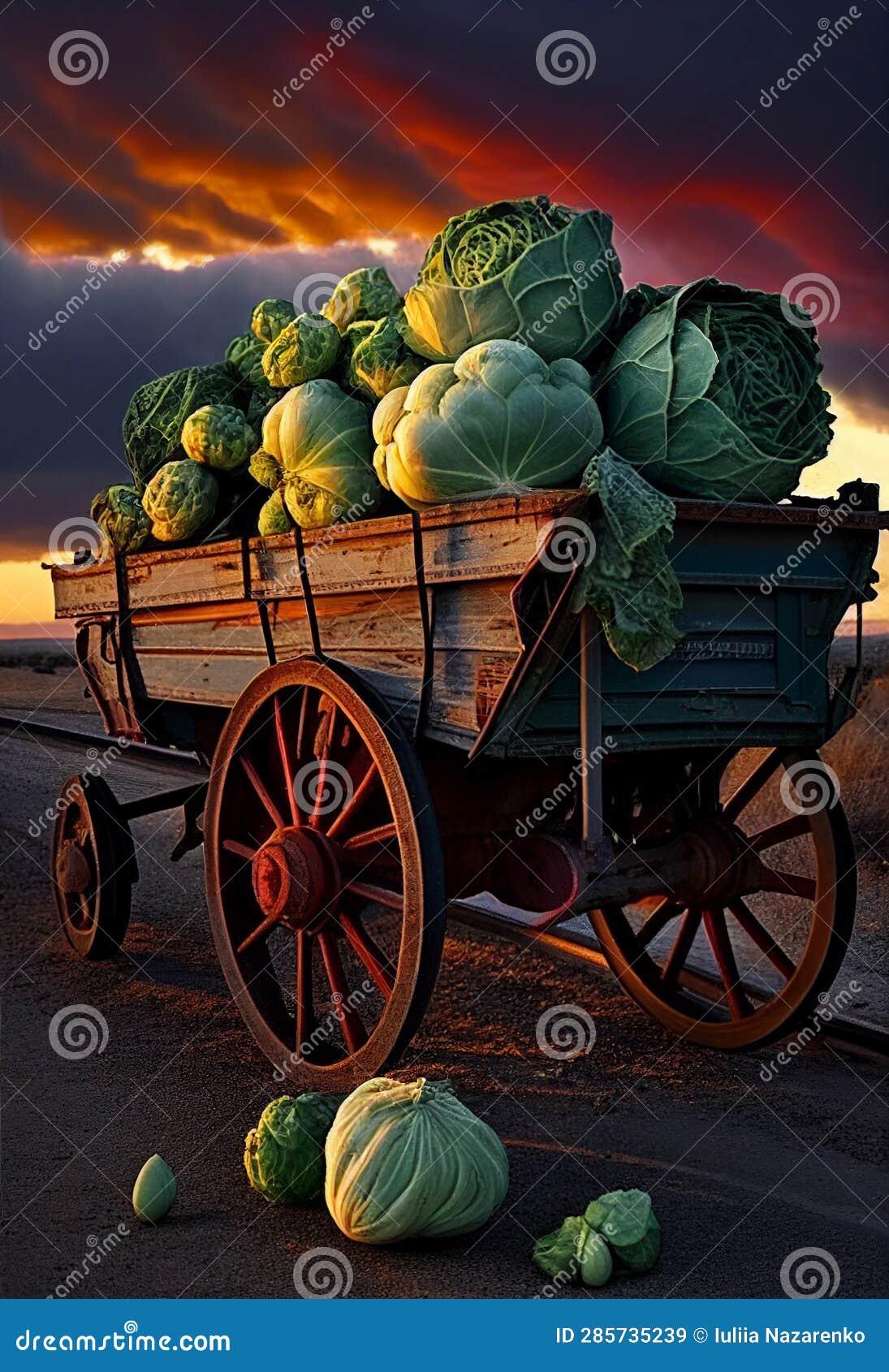 Ripe Cabbage Lies in a Cart, at Sunset. AI Generated Stock Illustration ...
