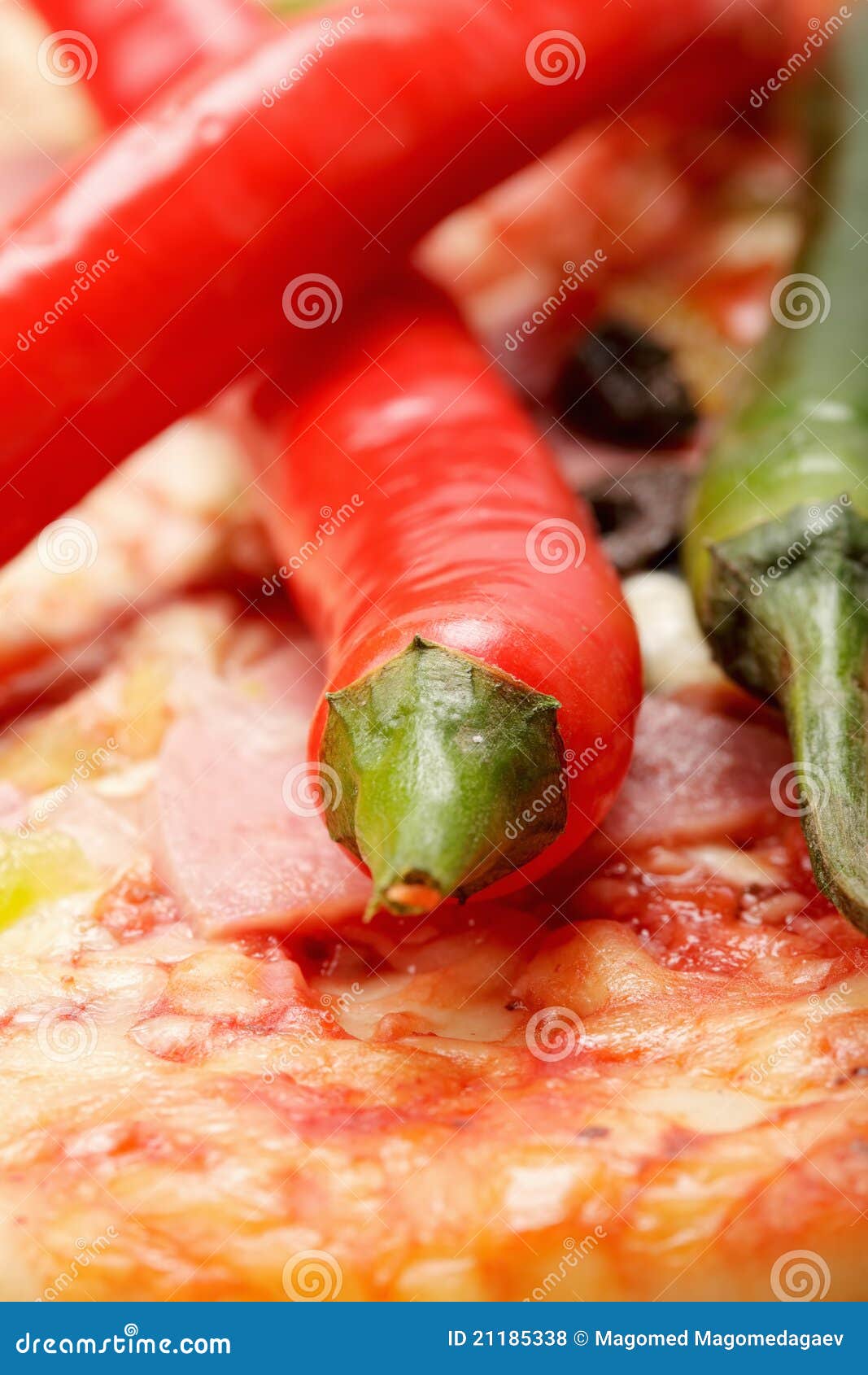 Ripe Chilli Peppers on Pizza Stock Photo - Image of melt, supper: 21185338