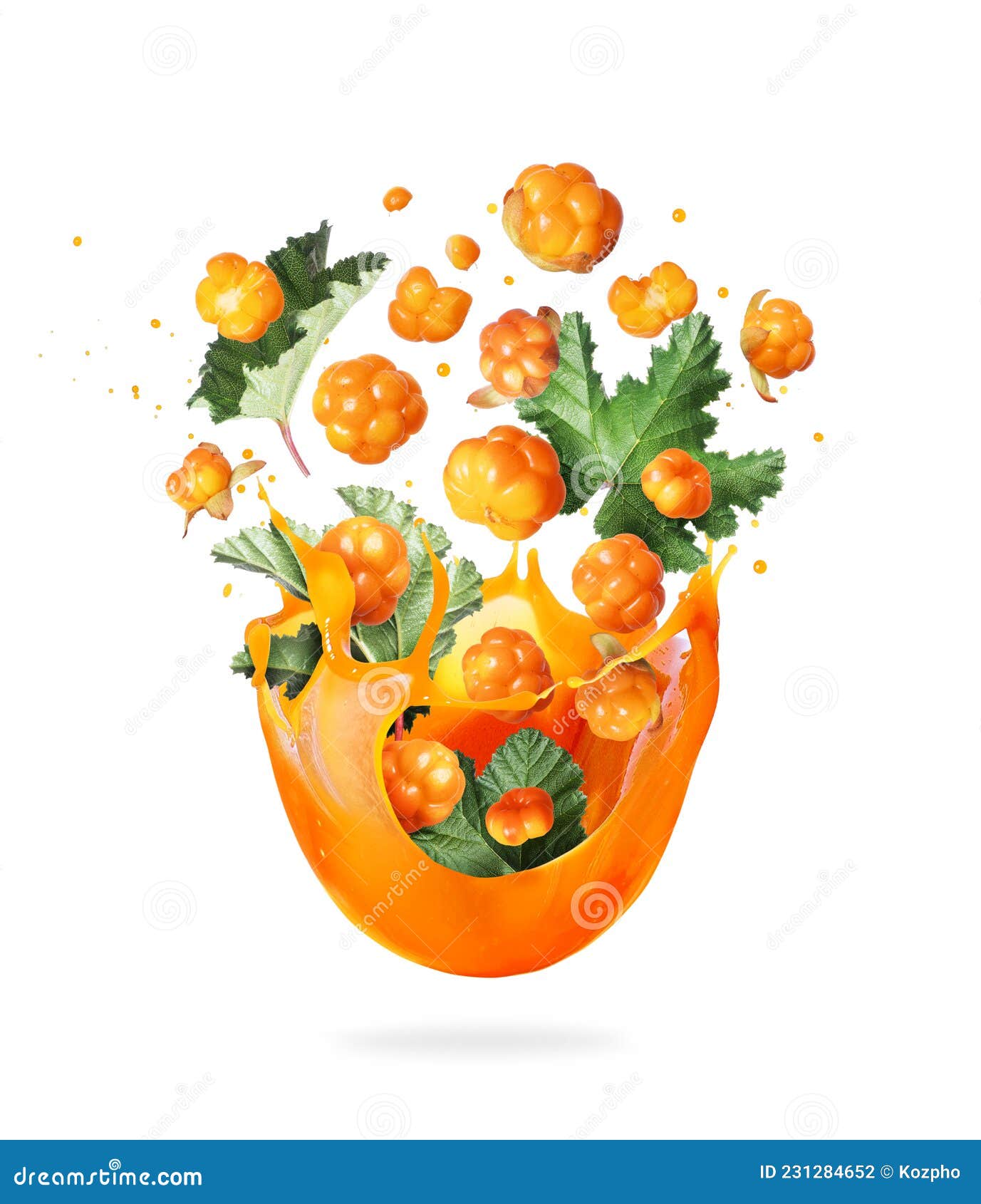 Ripe Cloudberry with Leaves in Splashes of Fresh Juice, Isolated on ...