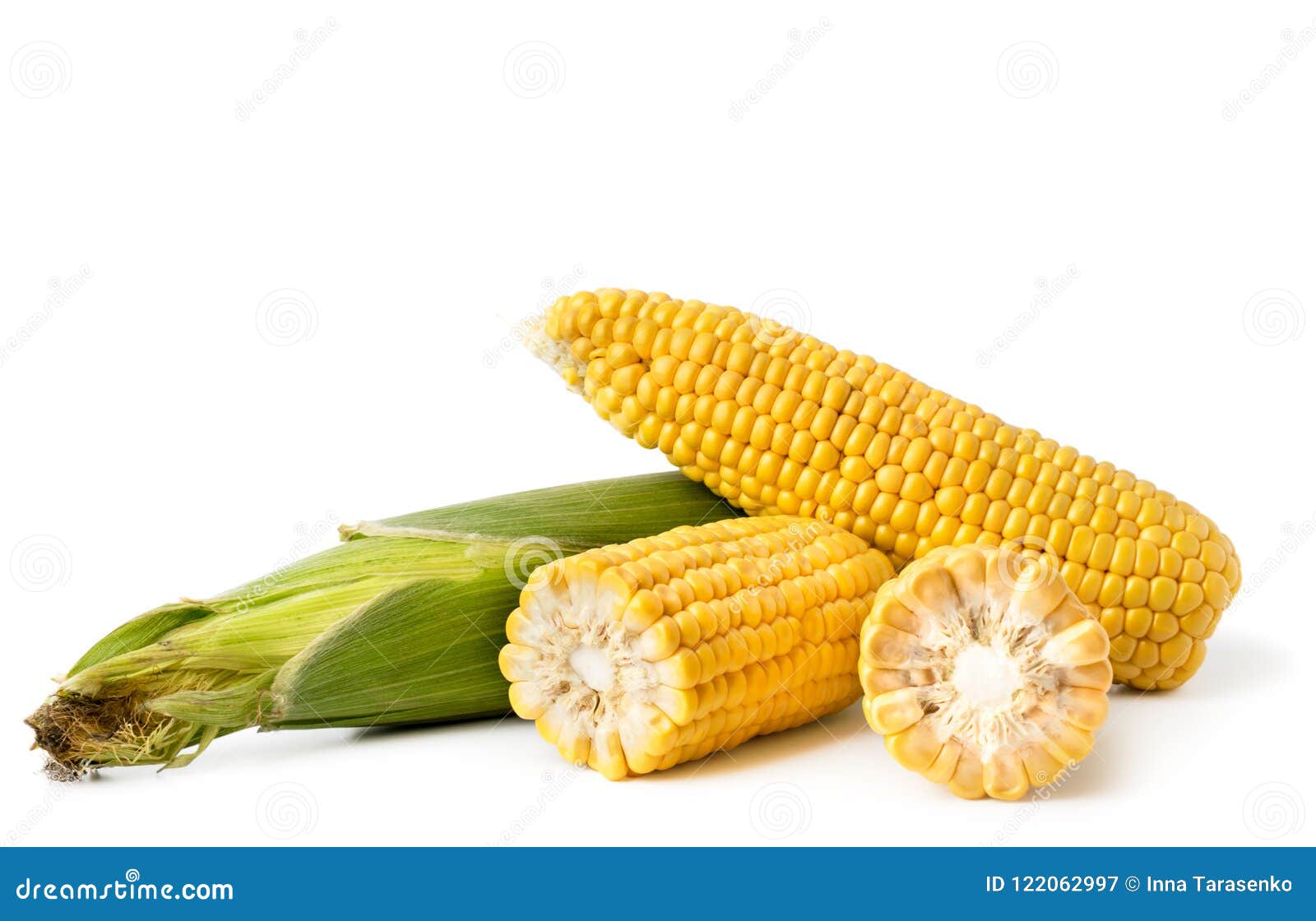 Ripe Corn in the Leaves and Brushed Broken in Half on a White ...