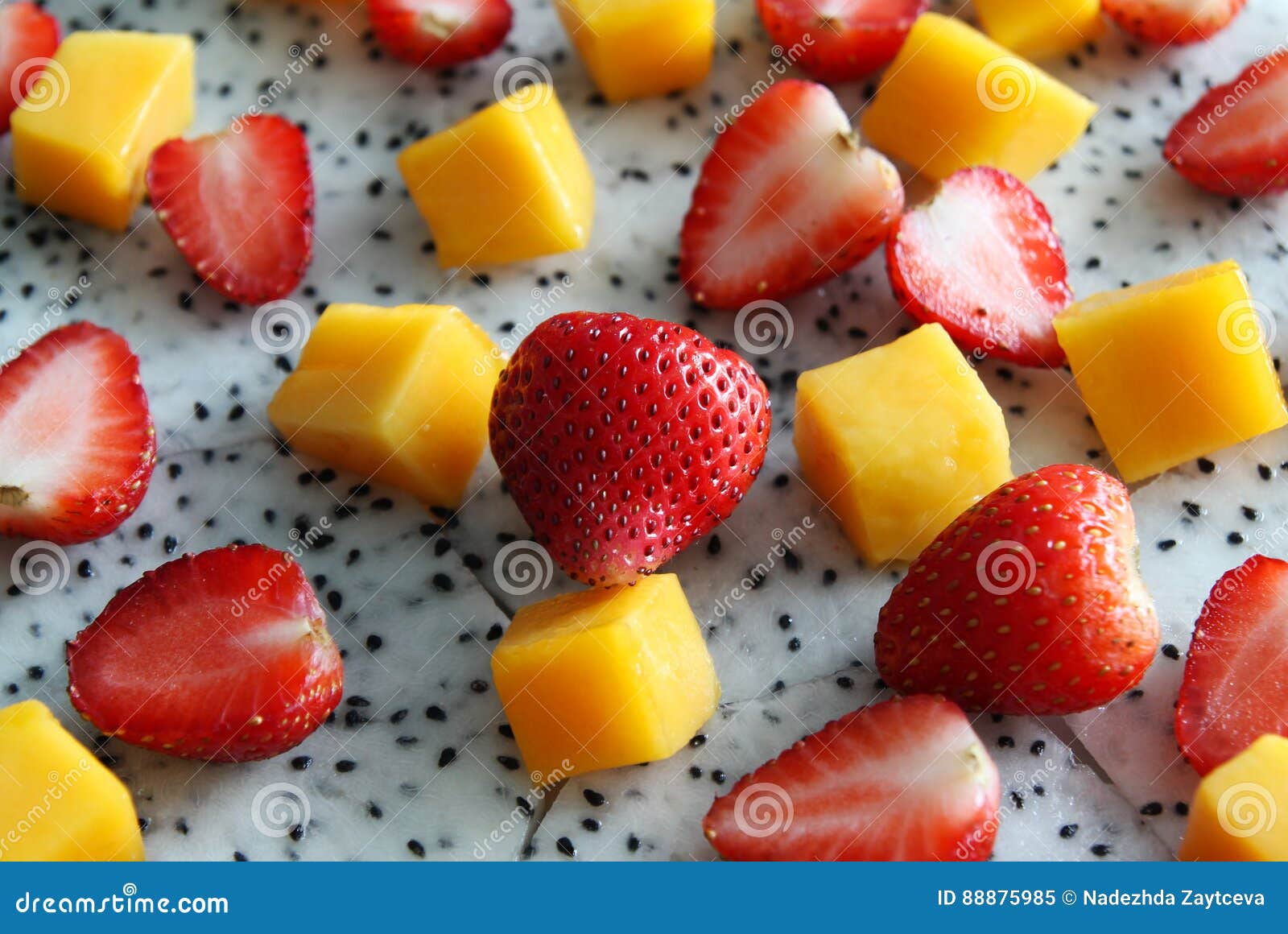 Ripe and Fresh Mango, Dragon Fruit and Strawberries Close Up. Stock ...