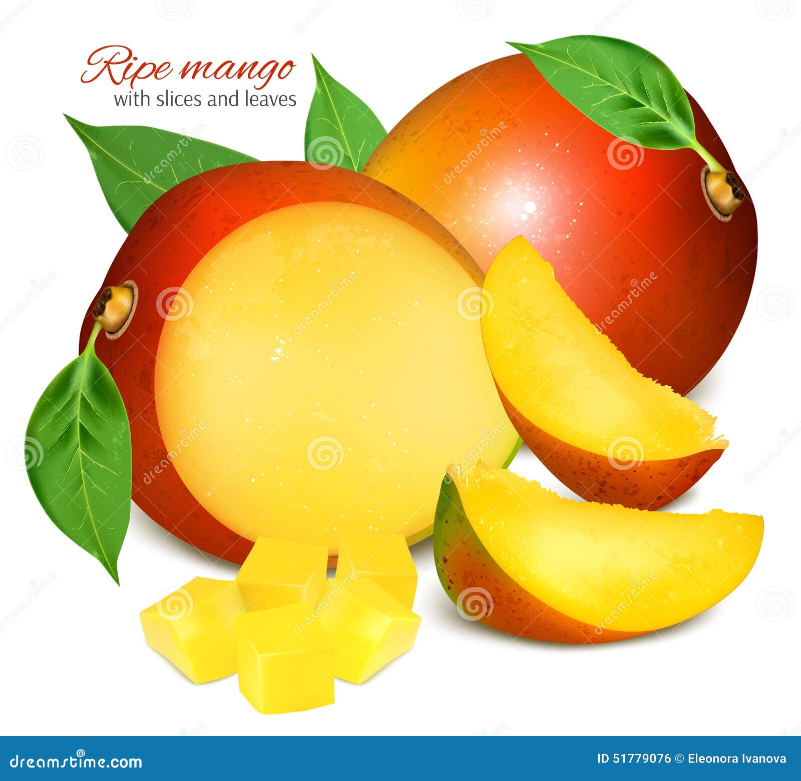 Ripe Fresh Mango with Slices and Leaves. Stock Vector - Illustration of ...