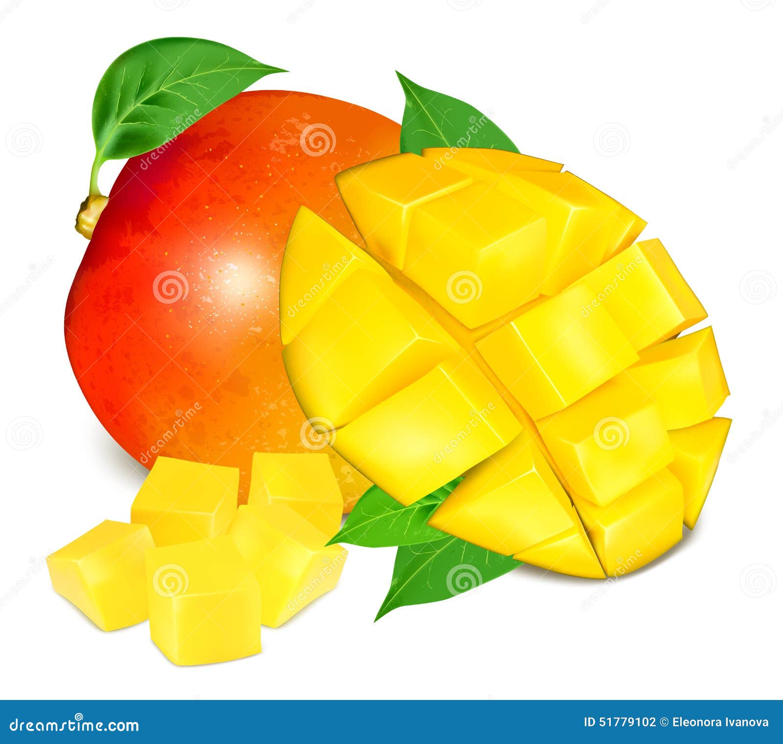 Ripe Fresh Mango with Slices and Leaves. Stock Vector - Illustration of ...