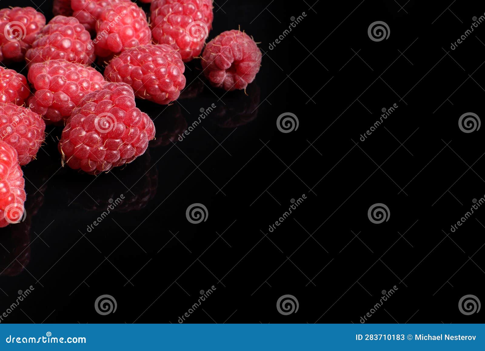 Ripe Fresh Raspberries on Black Background. Copyspace for Text Stock ...
