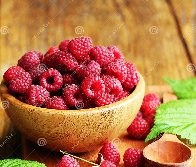 Ripe Fresh Raspberry in Wooden Bowl. Stock Photo - Image of nutrition ...