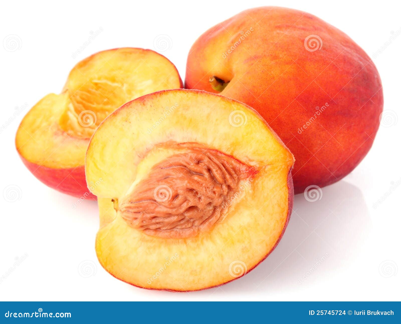 Ripe Juicy Peaches Whole And Cut On A Wooden Plate With Green Leaves On ...