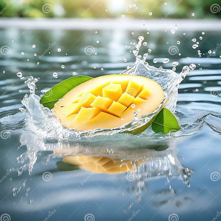 Ripe Mango Cut into a Grid Pattern in Water Splash, Ai Generated. Stock ...