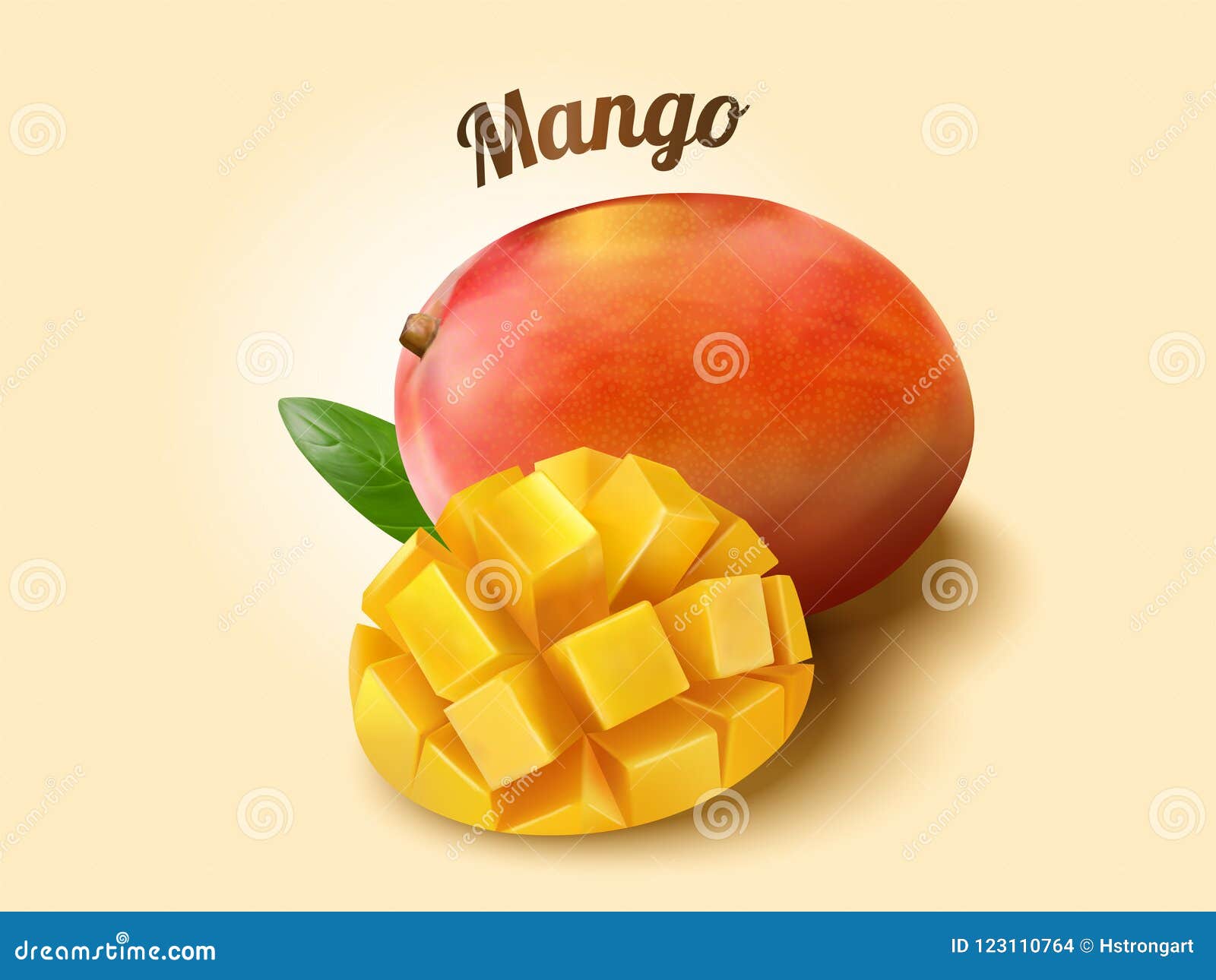 Ripe Mango With Green Leaves And Two Cubes Of Pulp. Vector Illustration ...