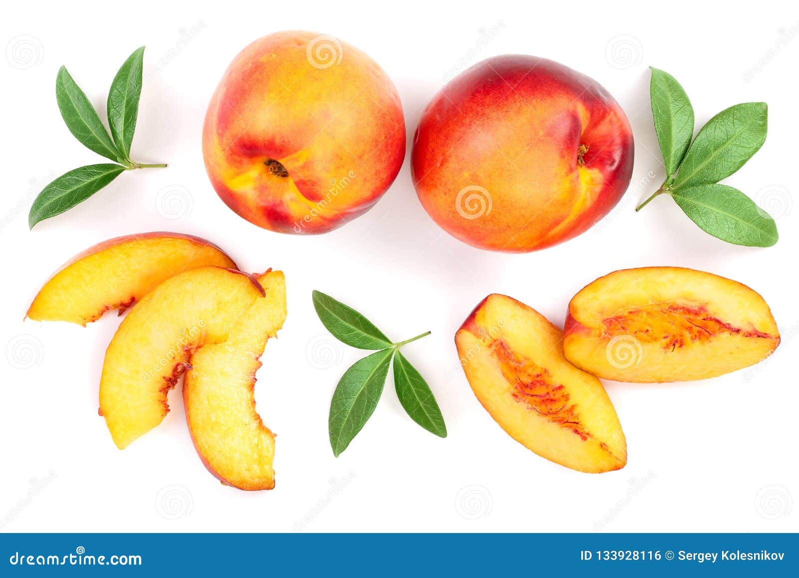 Ripe Nectarine with Leaves Isolated on White Background. Top View Stock ...