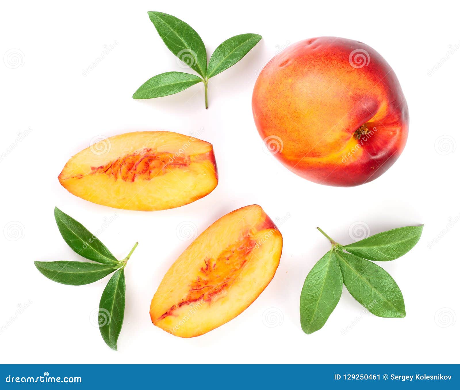 Ripe Nectarine with Leaves Isolated on White Background. Top View Stock ...
