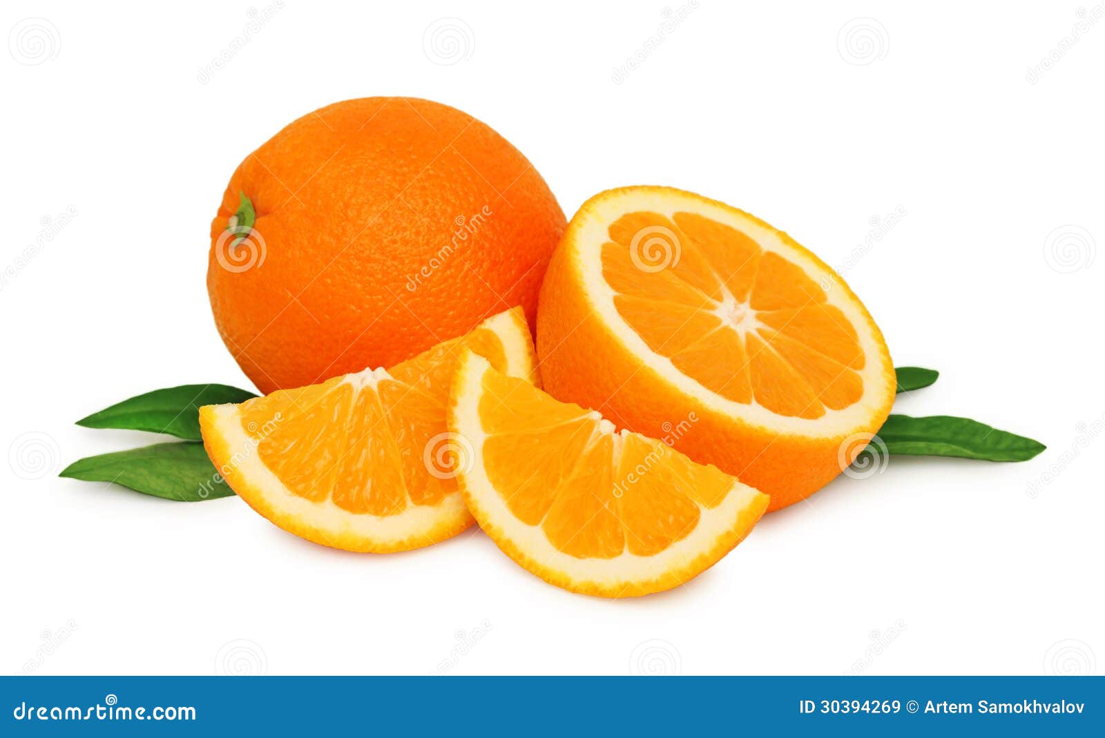 Ripe Oranges and Two Slices with Green Leaves () Stock Image - Image of ...