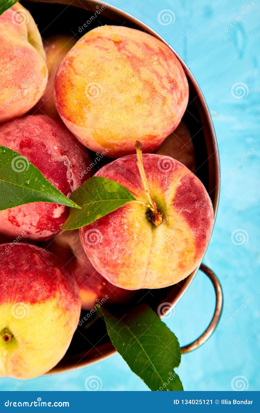 Ripe Peaches in a Bowl, Basket on the Blue Table Stock Image - Image of ...