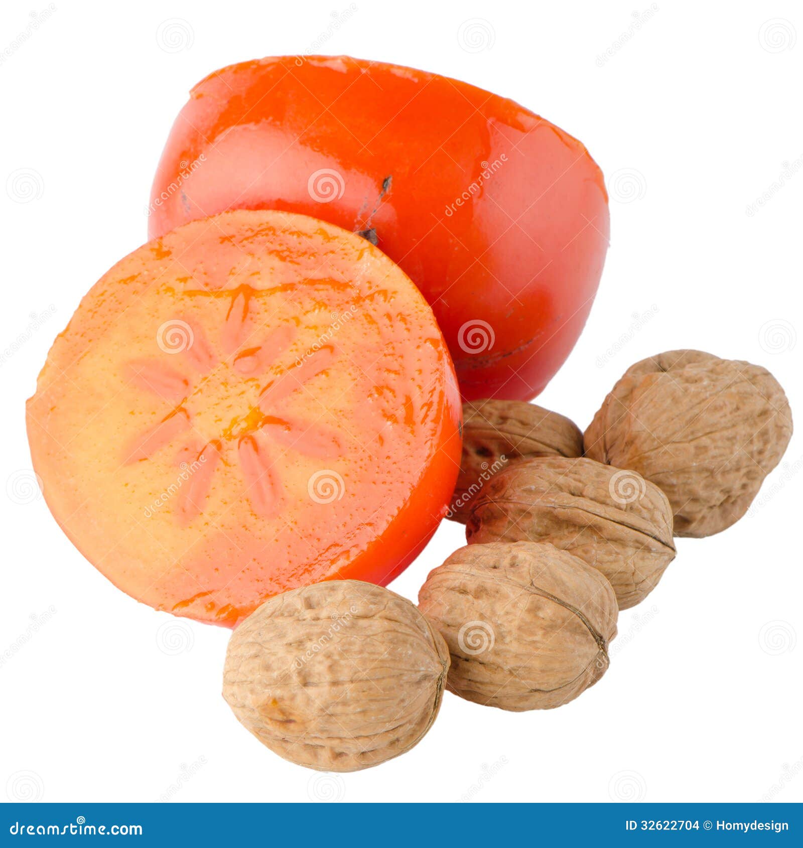 Ripe persimmons and nuts stock photo. Image of detail - 32622704