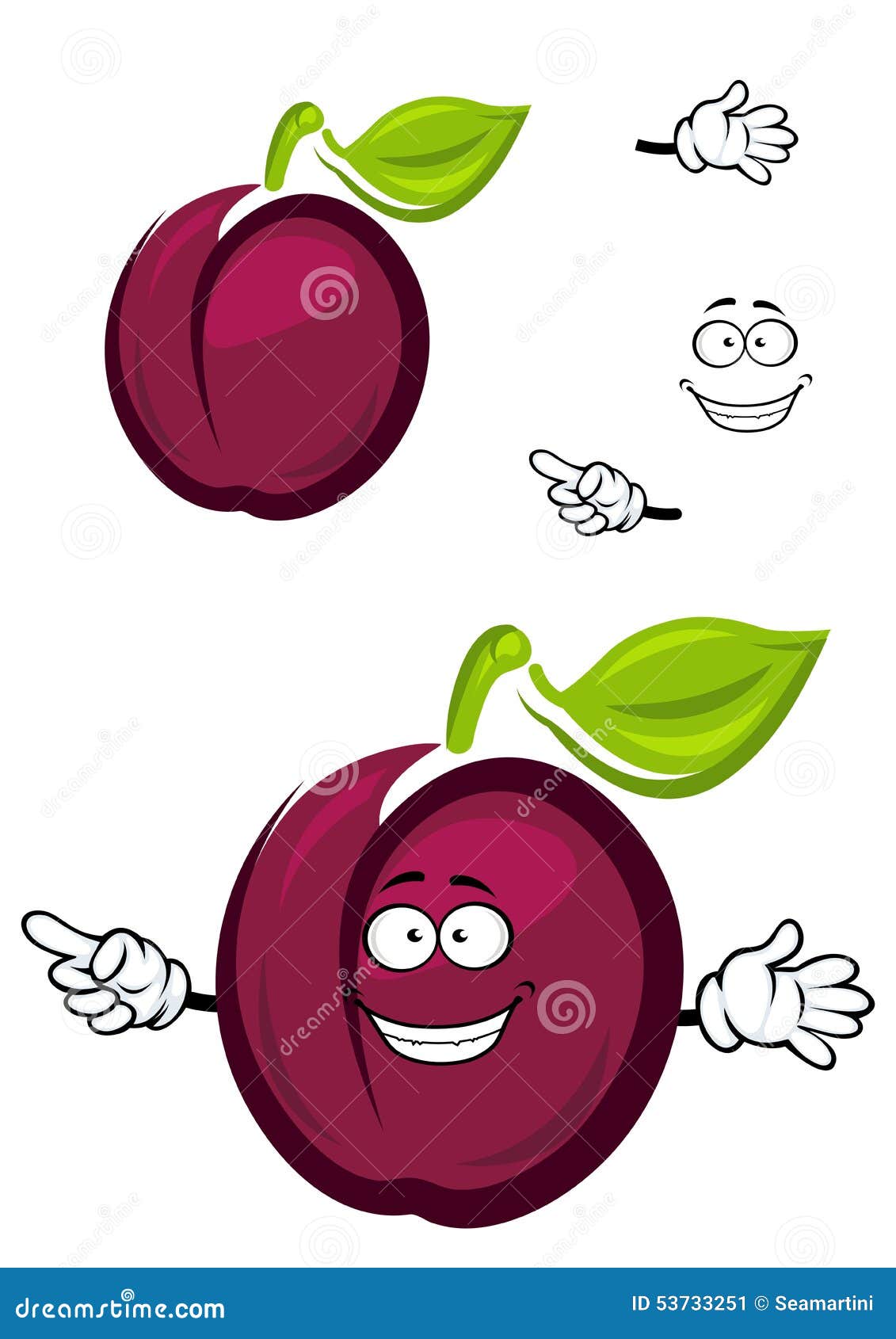 Ripe Purple Cartoon Plum Fruit with a Green Leaf Stock Vector ...