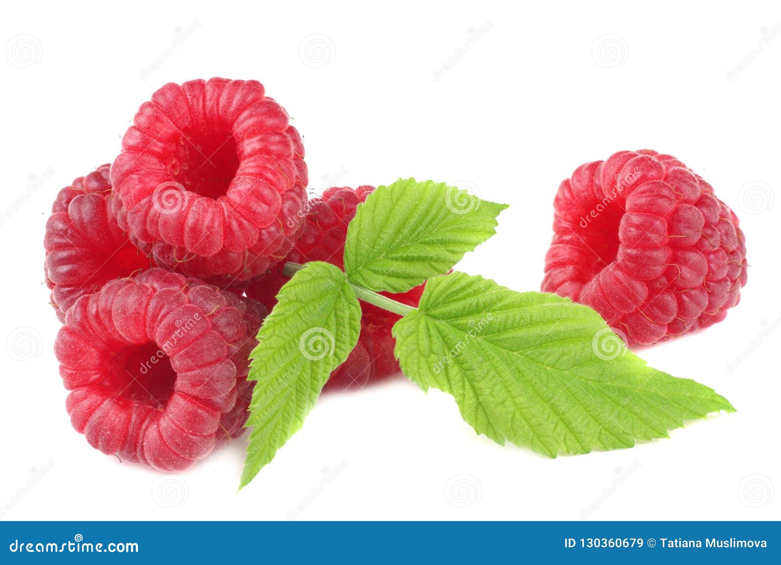 Ripe Raspberries with Green Leaf Isolated on White Background Macro ...