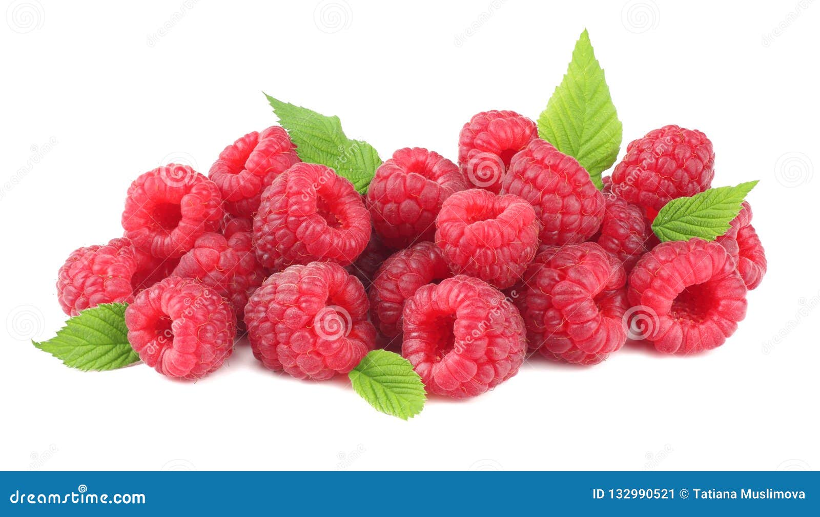 Ripe Raspberries with Green Leaf Isolated on White Background Macro ...