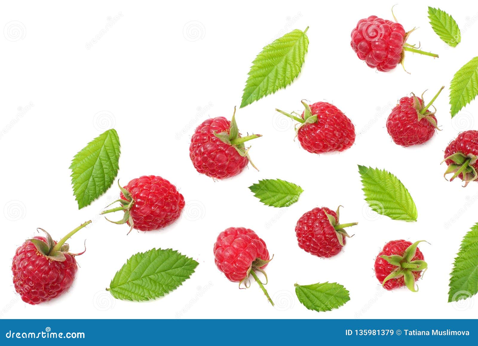 Ripe Raspberries with Green Leaf Isolated on White Background. Top View ...