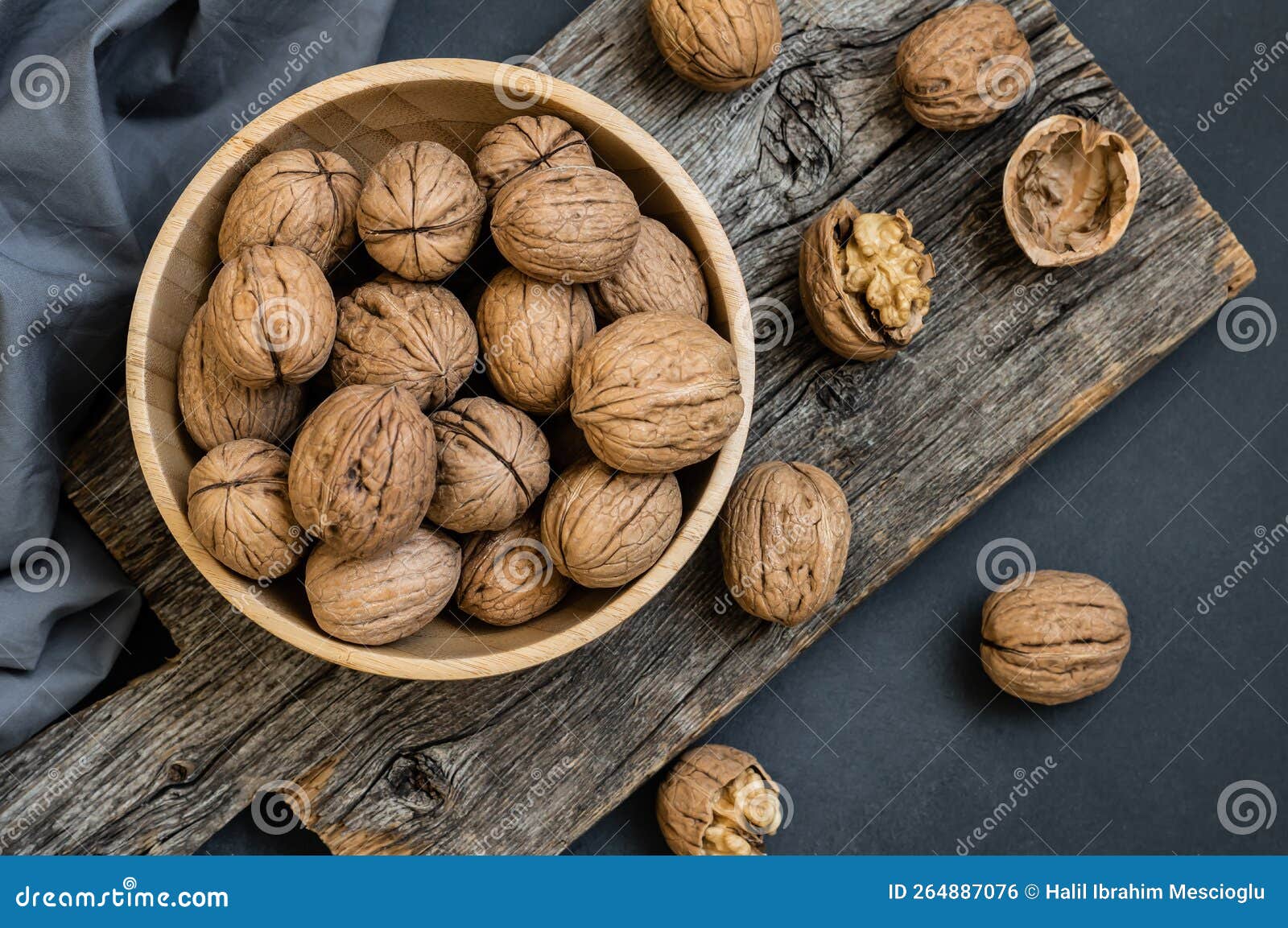 Ripe and Raw Whole Big Walnut Kernel with Shell on Rustic Backdrop ...