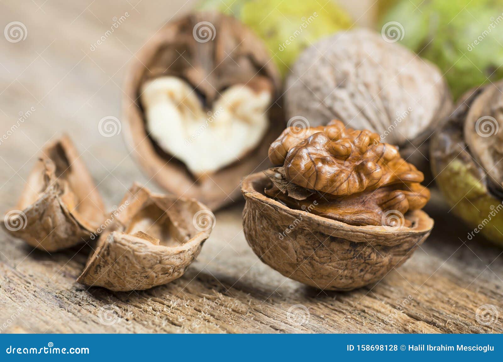Ripe and Raw Whole Big Walnut Kernel with Thin Shell on Wooden Rustic ...
