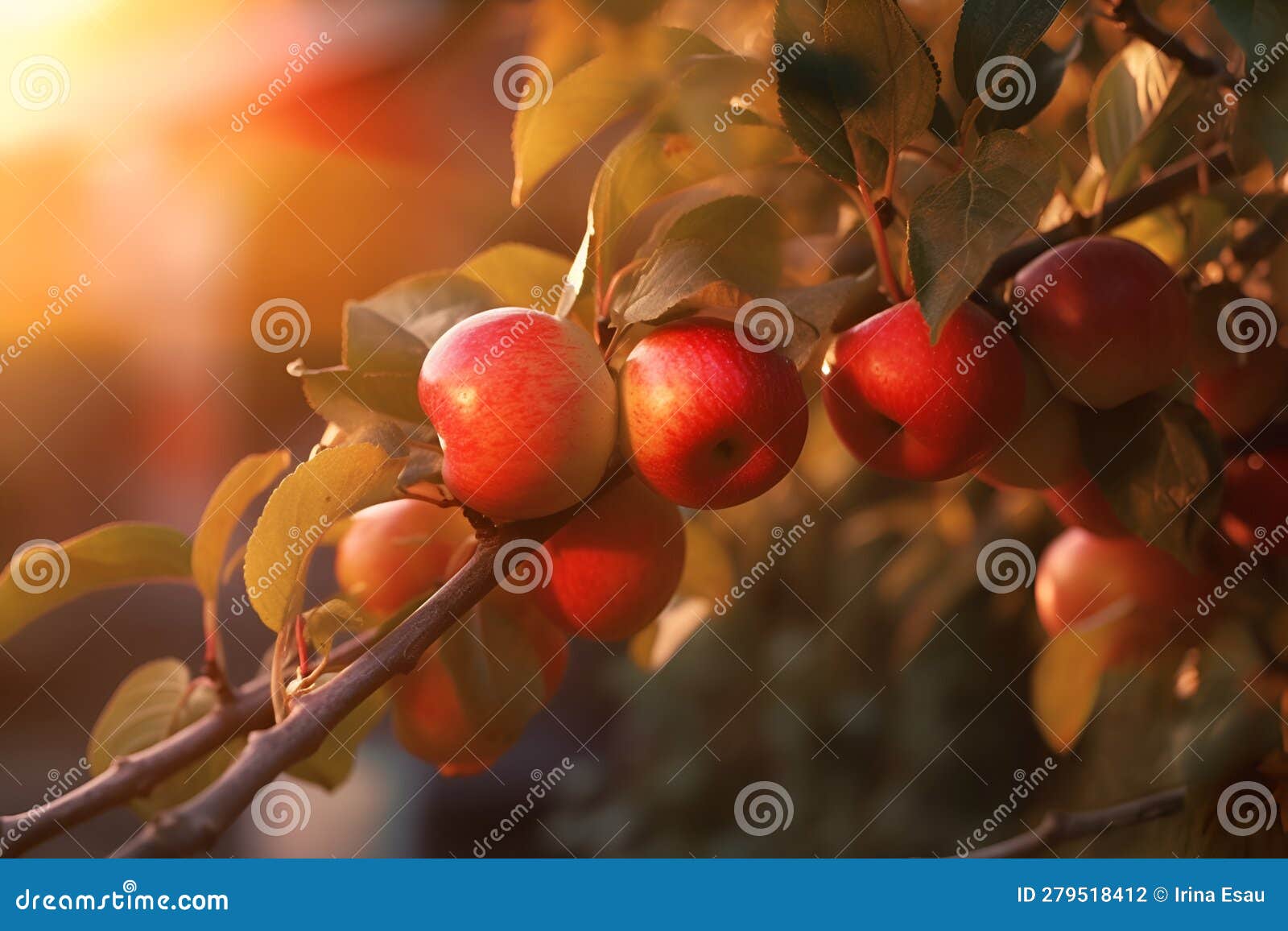 Ripe Red Apples Hang on a Tree Branch. Sunset Light Stock Photo - Image ...