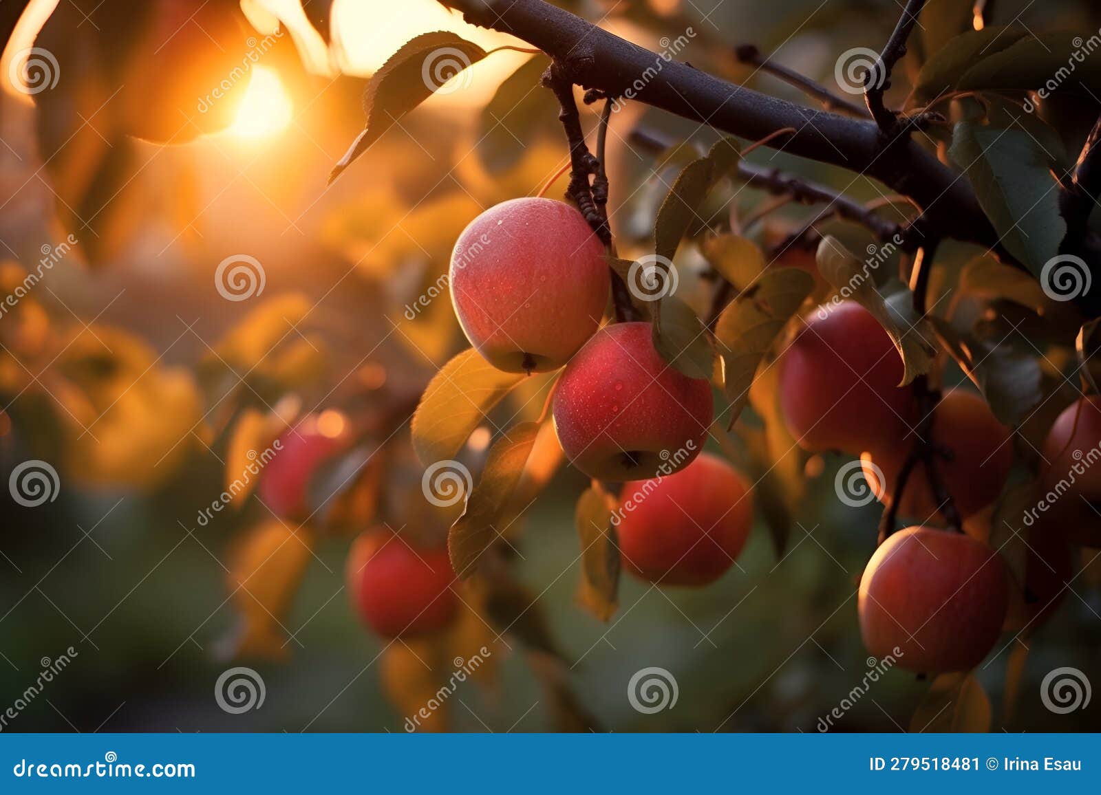 Ripe Red Apples Hang on a Tree Branch. Sunset Light Stock Image - Image ...