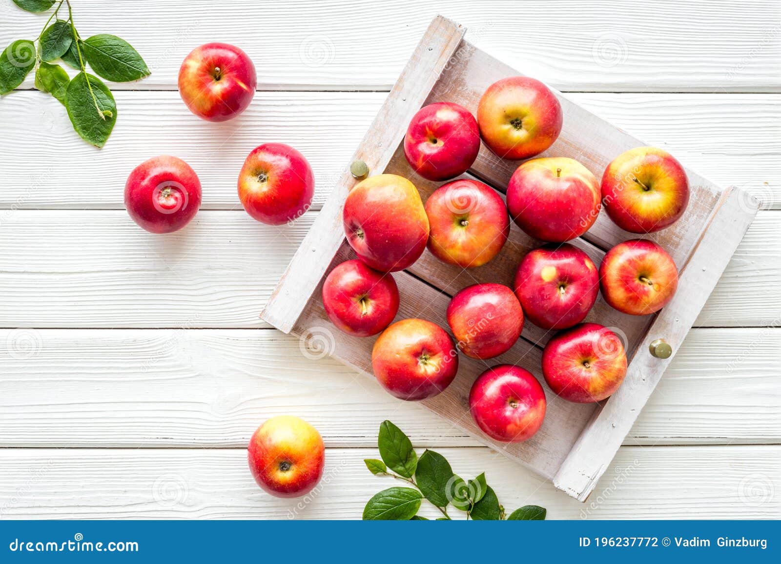 Ripe Red Apples with Leaves - Top View, Copy Space Stock Photo - Image ...