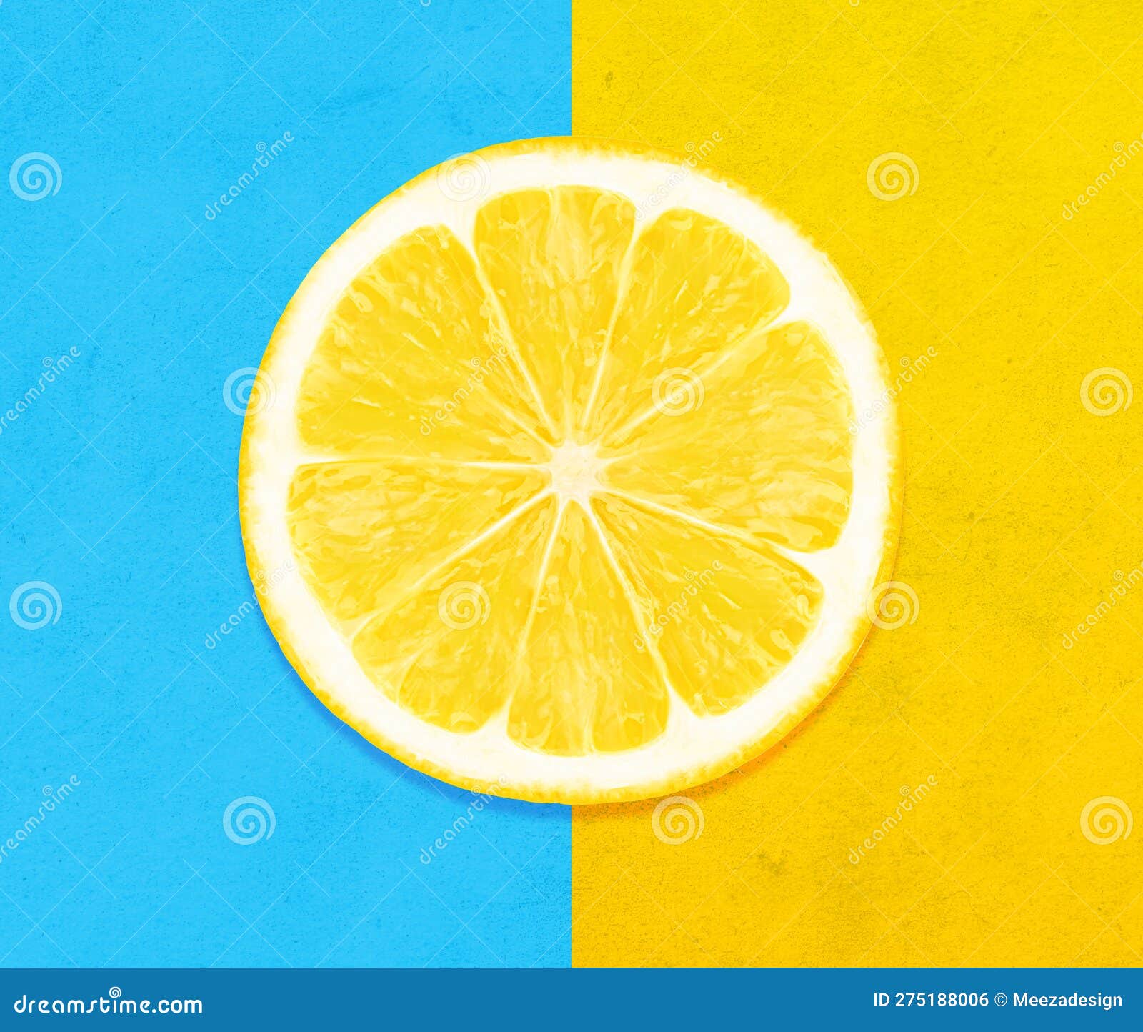 Ripe Slice of Lemon on Blue and Yellow Texture Background Stock Photo ...