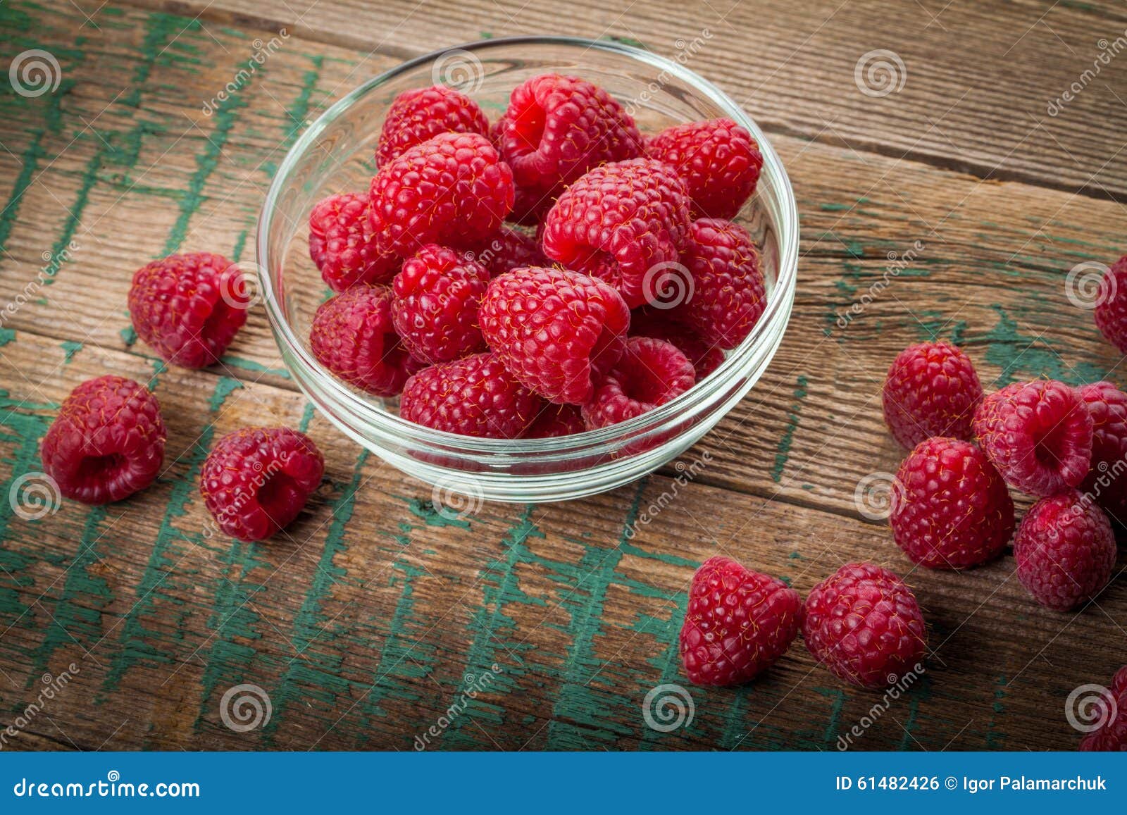 Ripe Sweet Raspberries in Bowl on Wooden Table Stock Photo - Image of ...