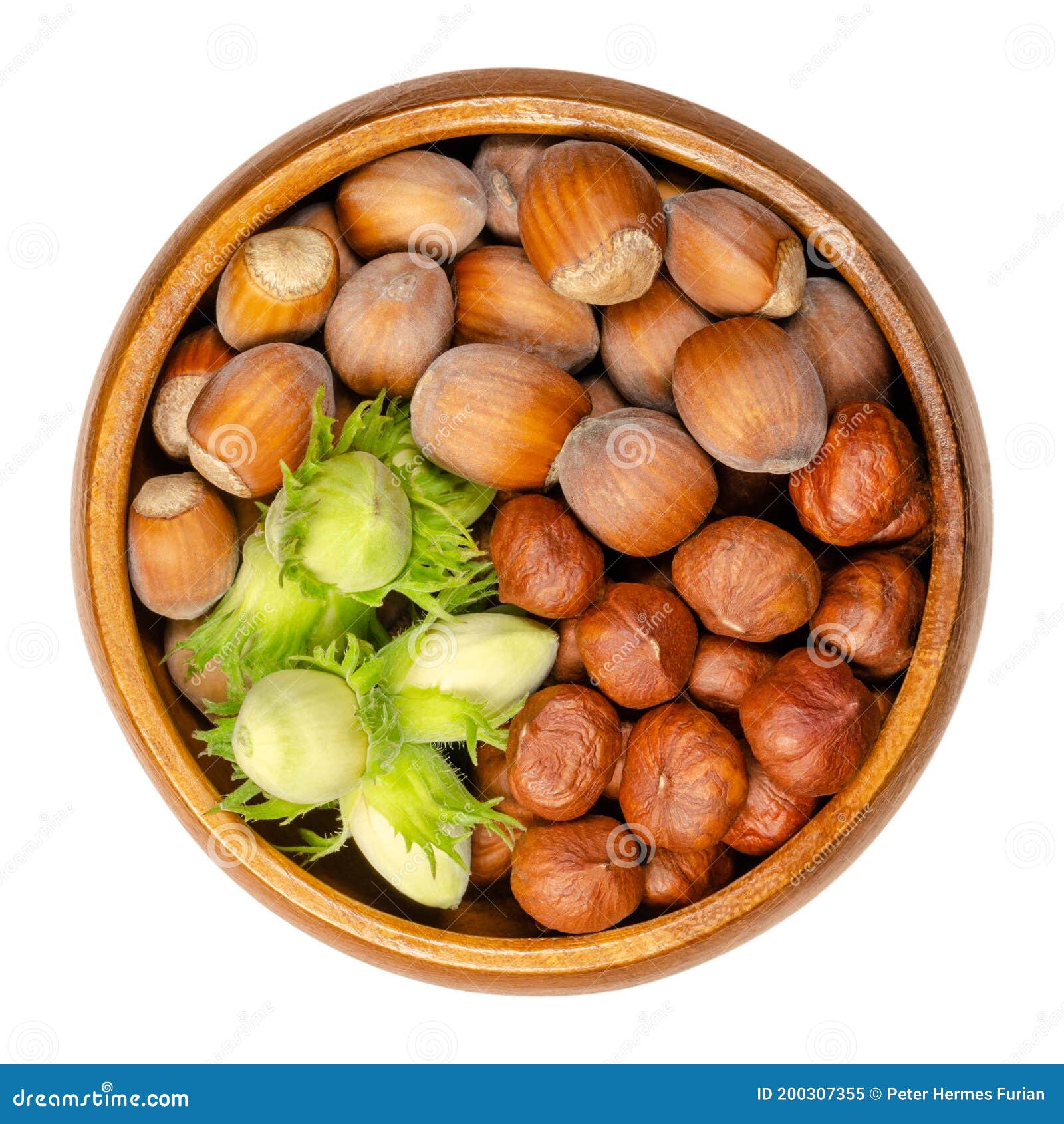 Ripe and Unripe Hazelnuts, Shelled and Unshelled Hazelnuts, in a Wooden ...