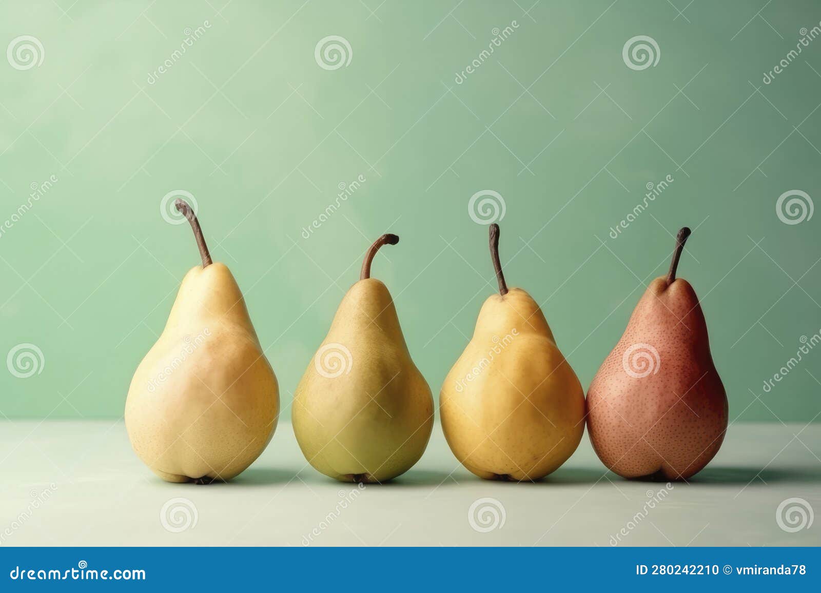 Ripe Yellow and Red Pears in a Row on Green Background. Generative AI ...