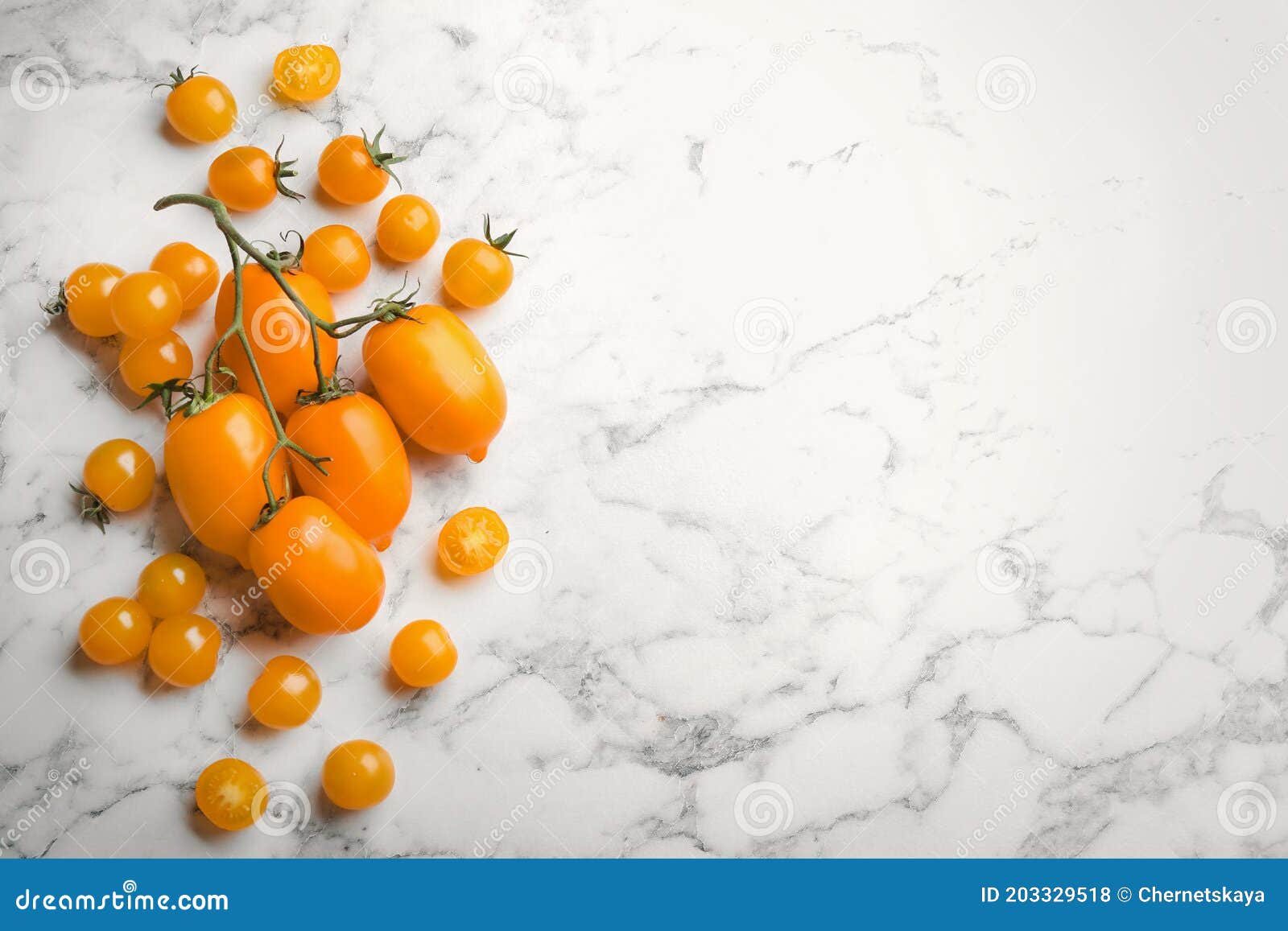 Ripe Yellow Tomatoes on White Marble Table, Flat Lay. Space for Text ...