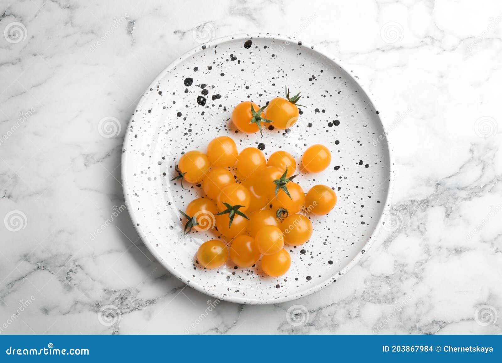 Ripe Yellow Tomatoes on White Marble Table, Top View Stock Photo ...