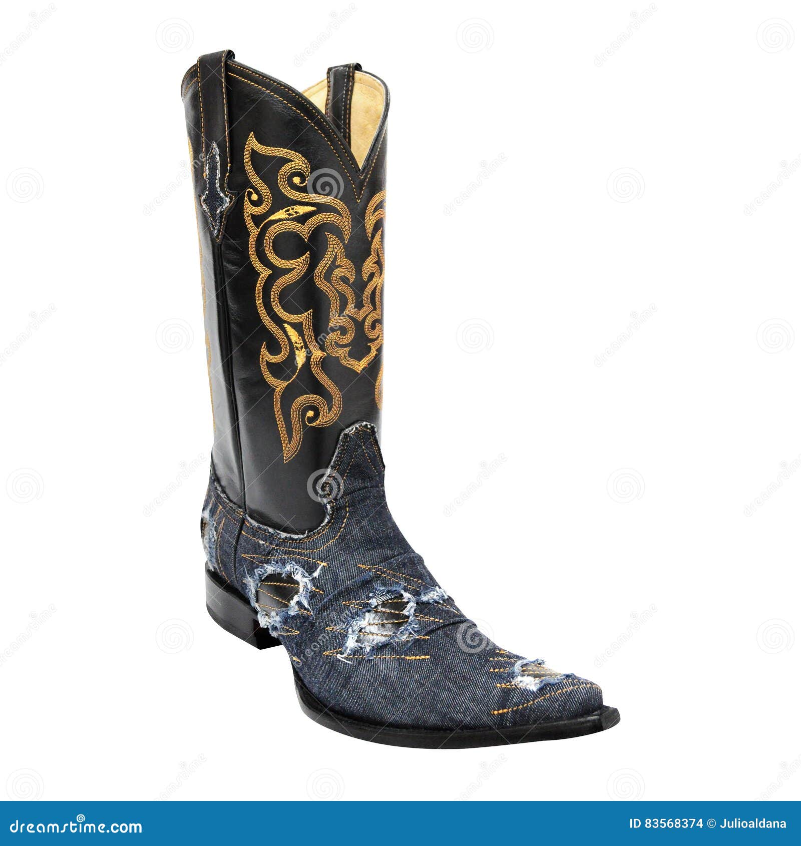 Ripped Denim Fabric Cowboy Boot Stock Photo - Image of farm, denim ...