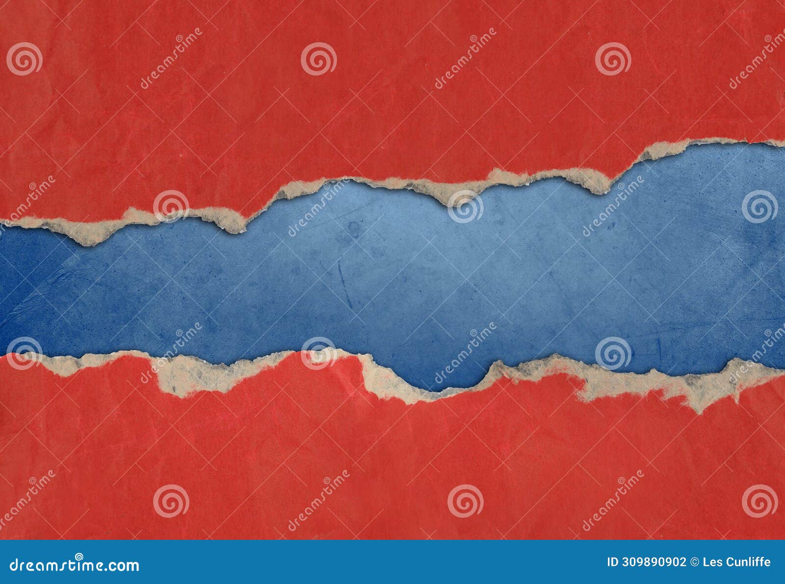 Ripped red paper on blue stock photo. Image of edge - 309890902