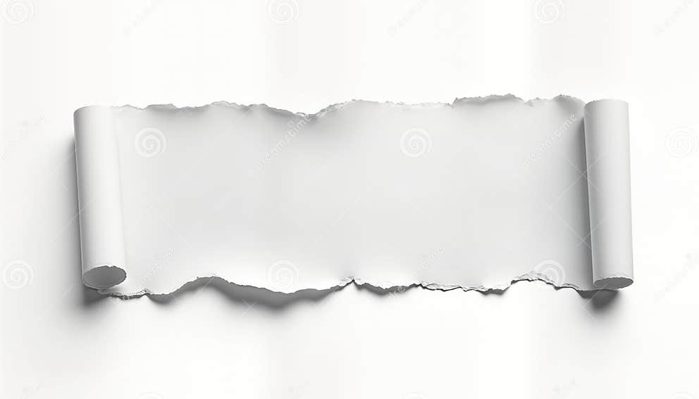 Ripped White Paper Scrolls Against Plain White Background. Paper Uneven ...