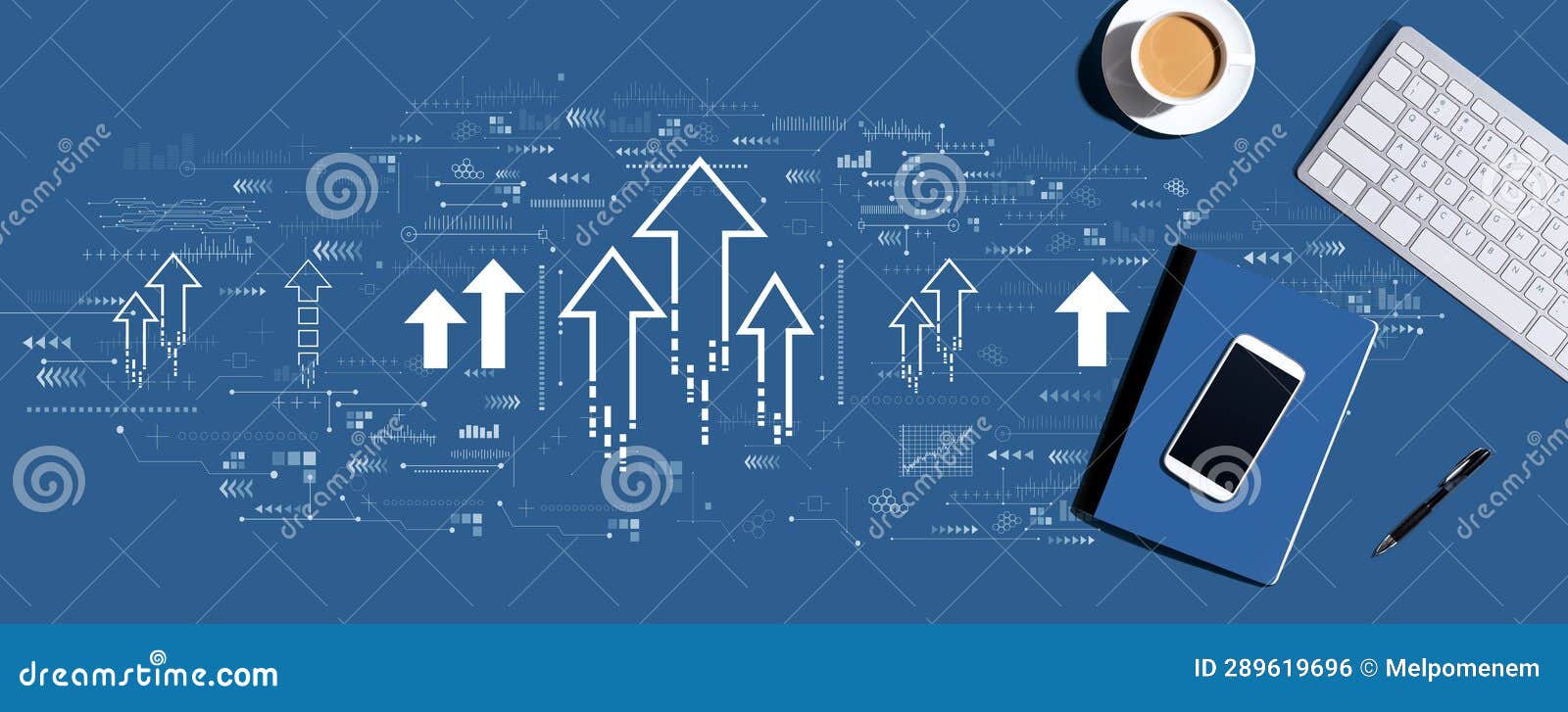 Rising Arrow Theme with Computer Keyboard and Office Items Stock Photo ...