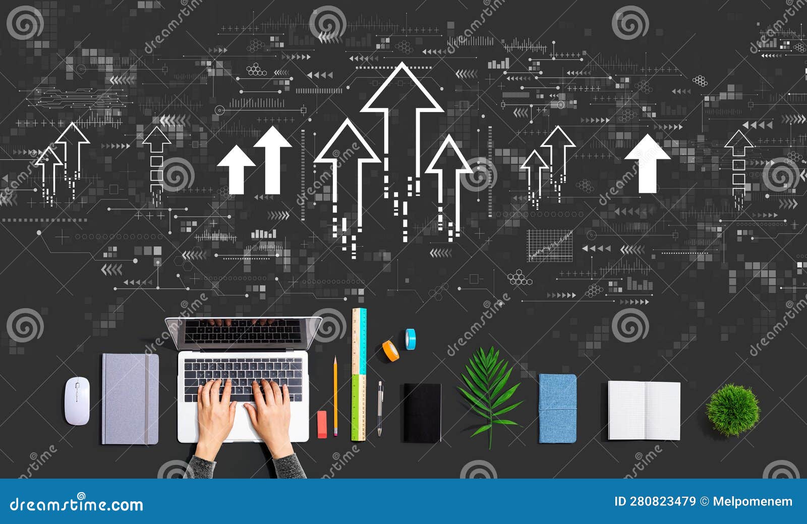 Rising Arrow Theme with Person Using a Laptop Stock Illustration ...