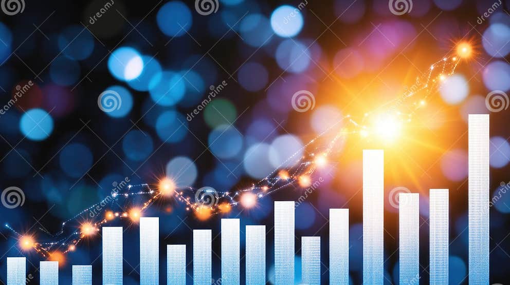 Rising Bar Chart with Glowing Bokeh Background and Data Points Stock ...