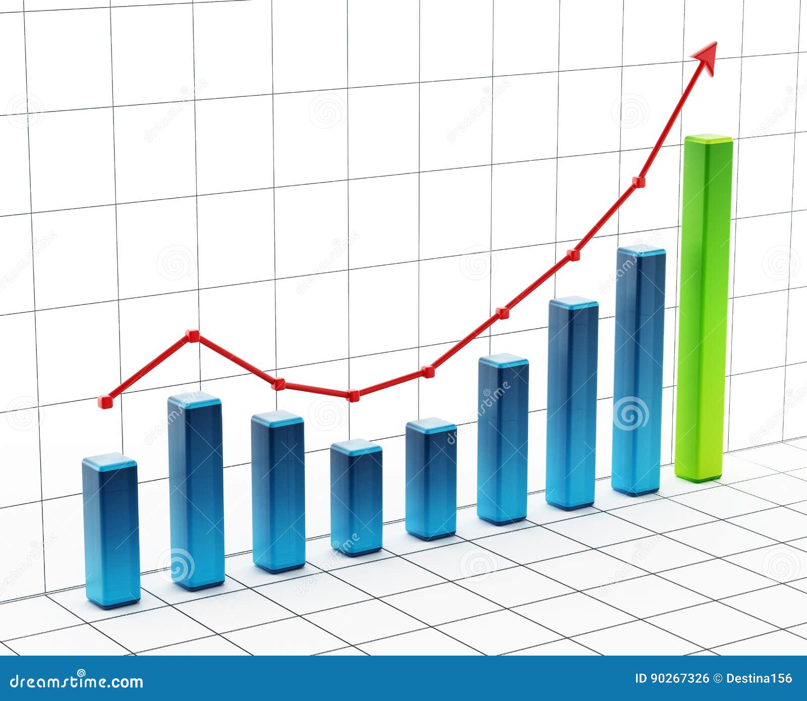 Rising Bar Graph on Grid. 3D Illustration Stock Illustration ...