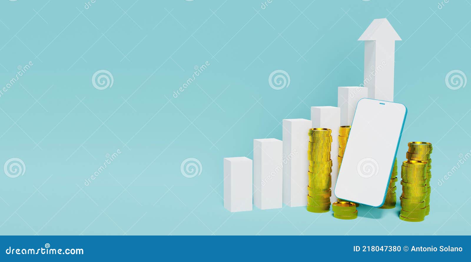 Rising Bar Graph with Stacked Coins and Mobile Phone Mockup Stock ...