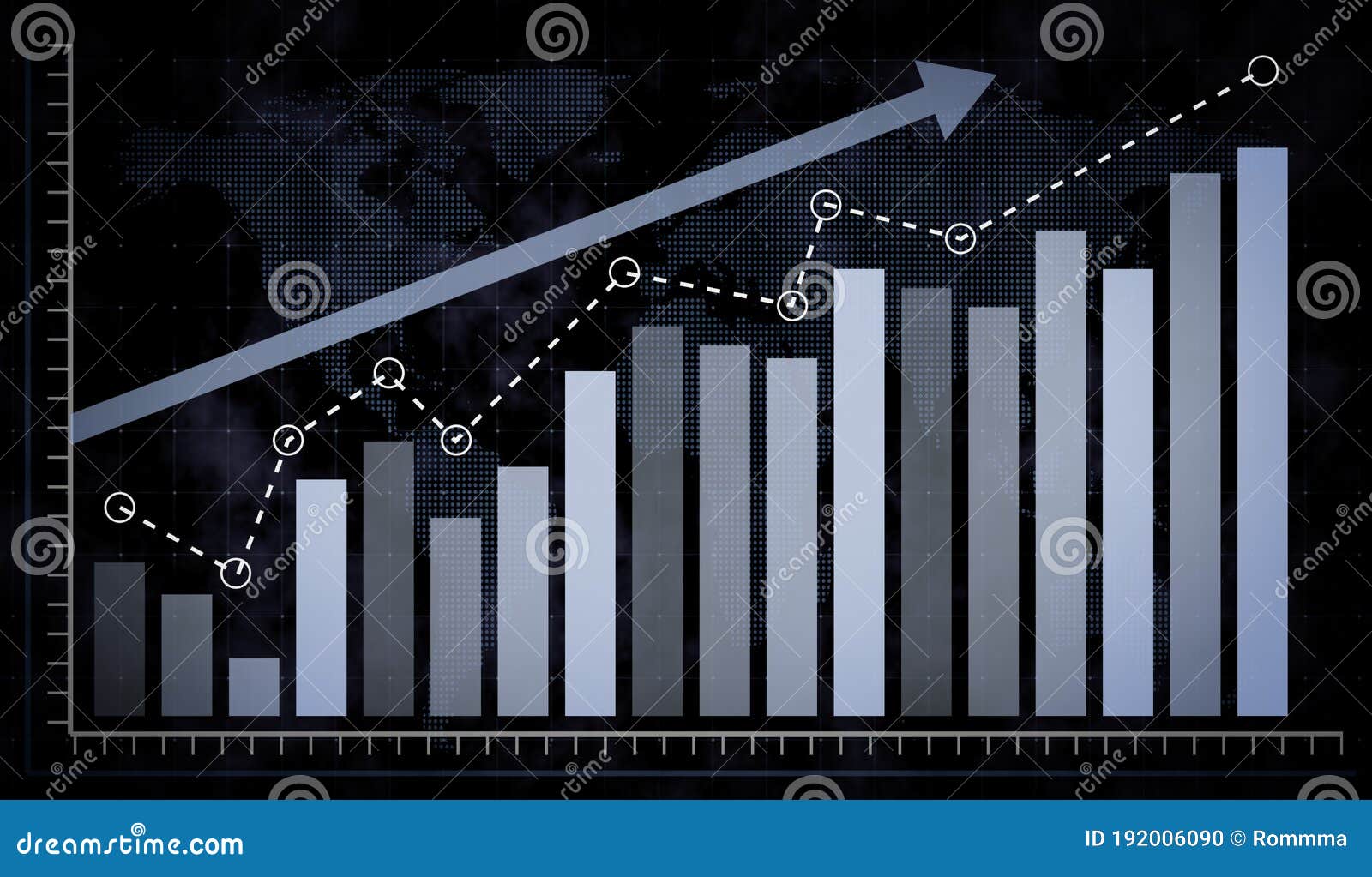 Rising Blue Bar Graph and Dotted World Map Stock Illustration ...