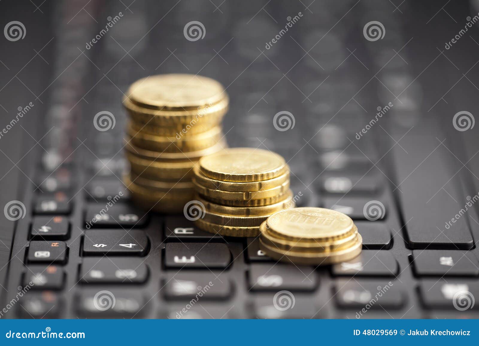 Rising coins on keyboard stock image. Image of macro - 48029569