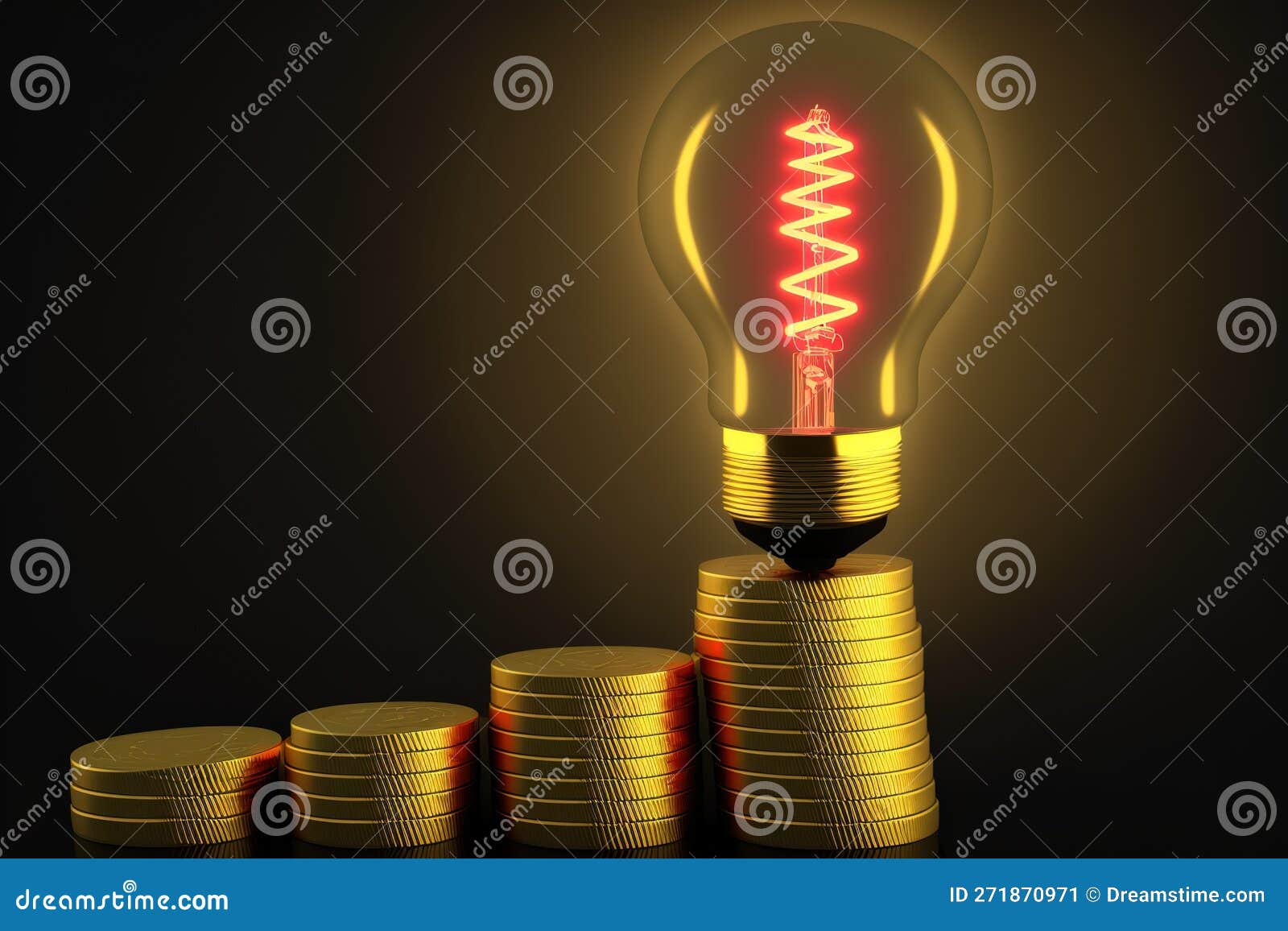 Rising Energy Cost Concept. Light Bulb on Top of a Stack of Gold Coins ...