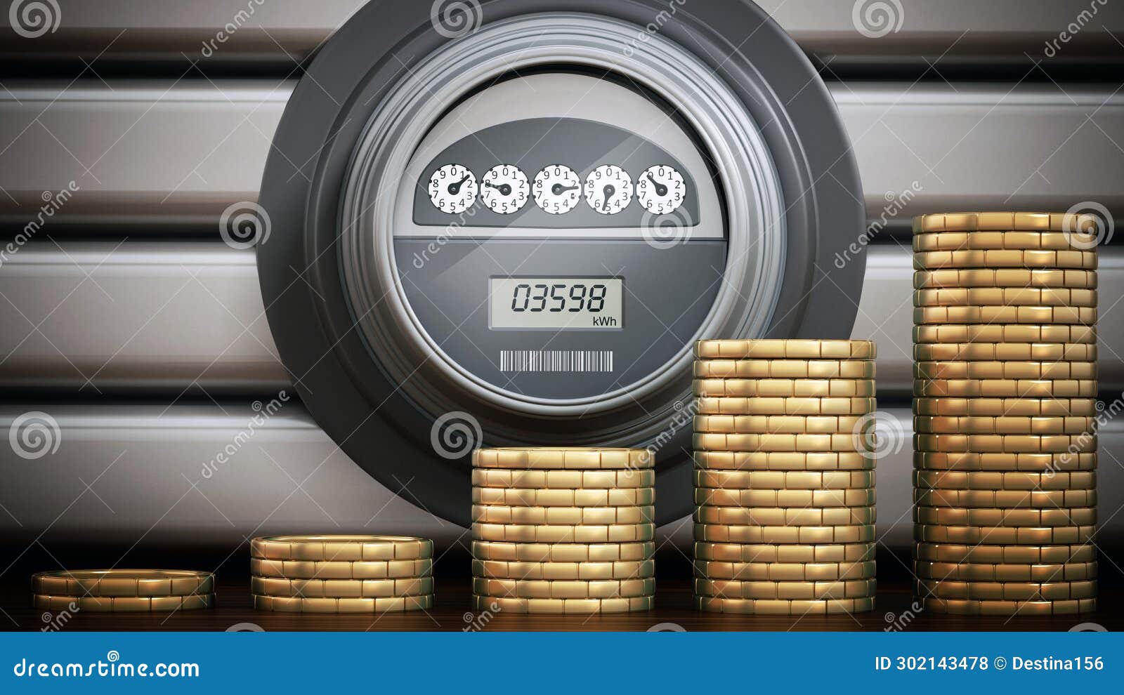 Rising Gold Coins Standing in Front of an Electric Meter. 3D ...