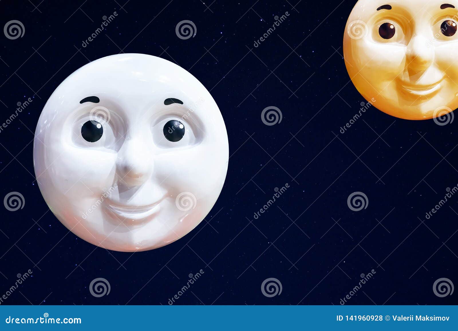 The Rising Moon and the Setting Sun in the Children`s Style Against the ...