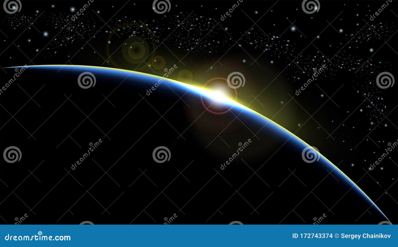 Rising or Setting Sun Over the Horizon, View from Space, Also Stars in ...