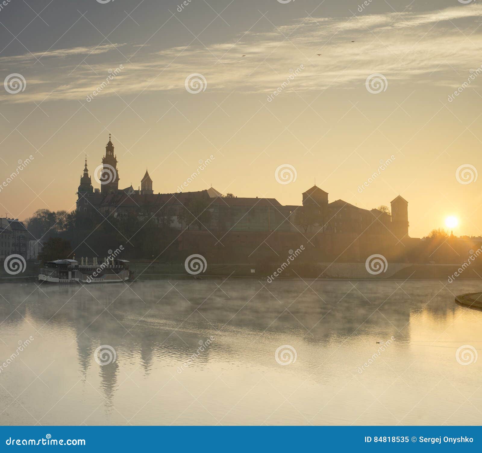 Rising Sun Behind Castle on the River Stock Image - Image of panoramic ...