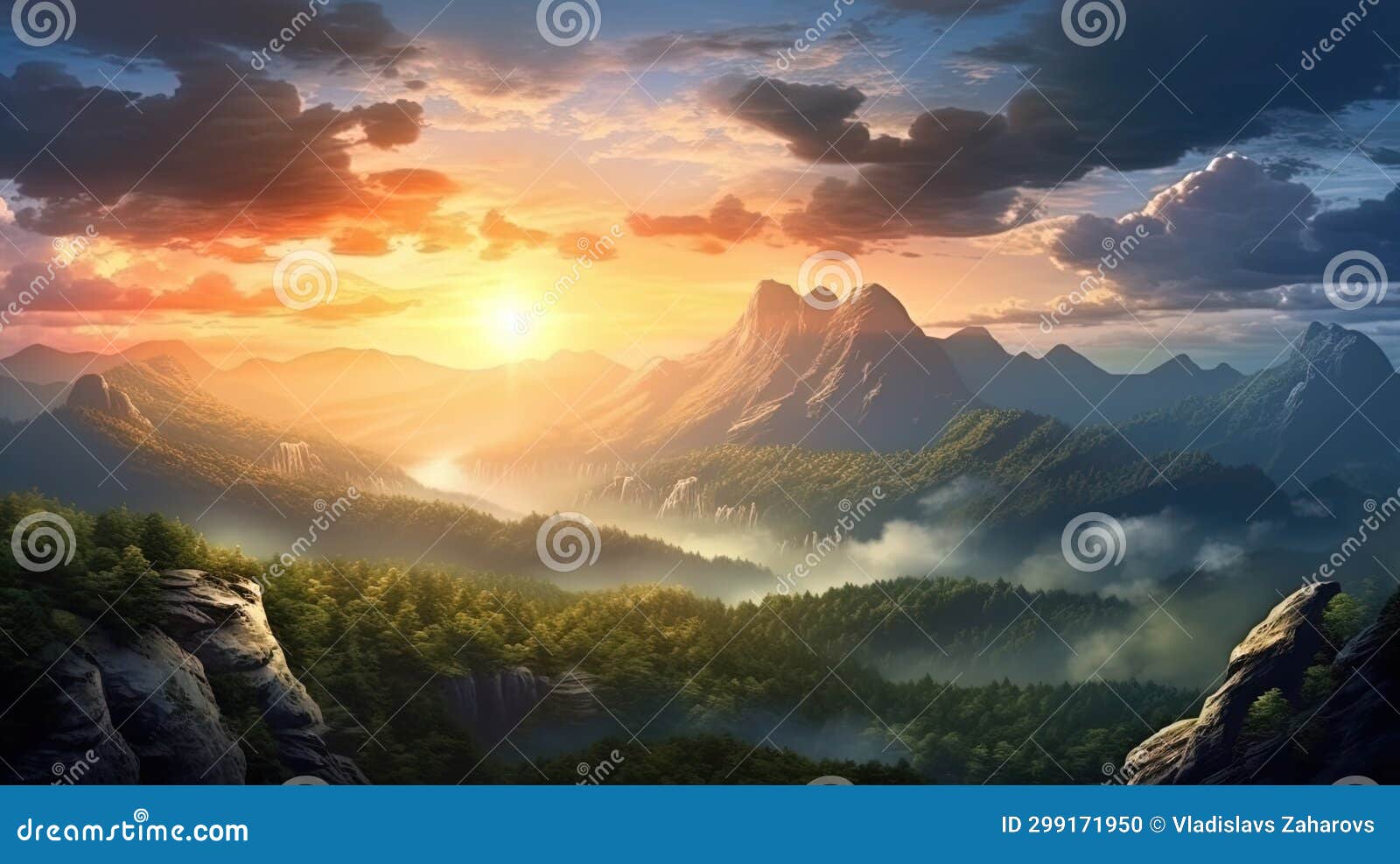 The Rising Sun First Rays Illuminate the Mountains Stock Illustration ...