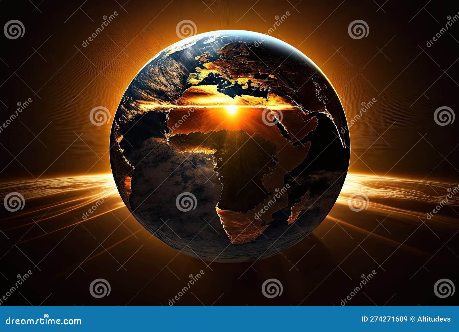 A Rising Sun Illuminating a Globe, with Rays of Light Shining through ...